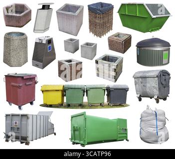 Collage of rubbish bins with garbage on color background Stock Photo ...