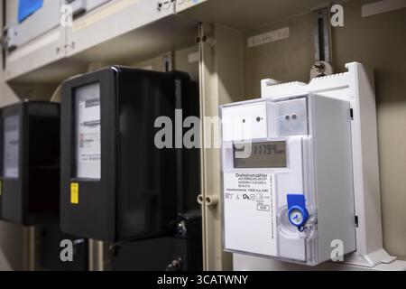 Various rotary electricity meters in a control cabinet in Wuppertal ...