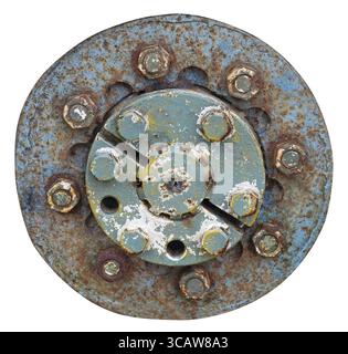 Rusty hard solid iron wheel with bolts and nuts from an retro tractor ...