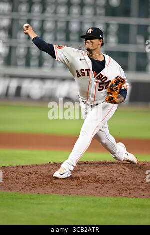Houston Astros relief pitcher Bryan Abreu reacts as he was pulled by ...