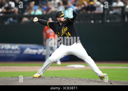August 7 2025: Salt Lake pitcher Kenyon Yovan (24) throws a pitch ...
