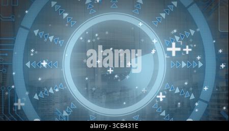 Displaying central HUD over city map showing mesh ring, arrow, Dest ...