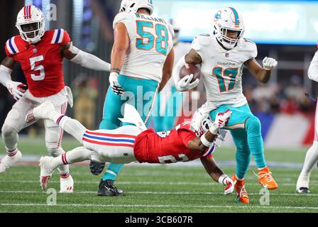 New England Patriots cornerback Marcus Jones (25) reacts after ...