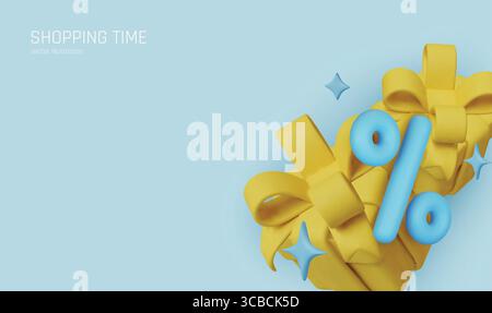 3D yellow presents with discount symbols on golden background Stock ...