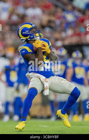 Los Angeles Rams' Brandon Powell runs after catching a kick-off during ...
