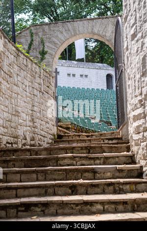 Air view of the gate in the stone wall of the medieval city. Tarragona ...