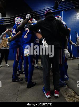 The Buffalo Bills huddle during an NFL football game,Thursday, Sept. 18 ...