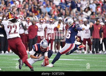 New England Patriots' Andy Borregales misses an extra point during the ...