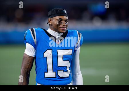 Carolina Panthers wide receiver Jimmy Horn Jr. (15) gains yards after a ...