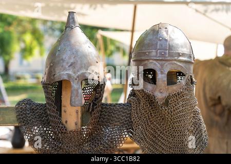 Medieval various Norman style helmets with chainmail Stock Photo - Alamy