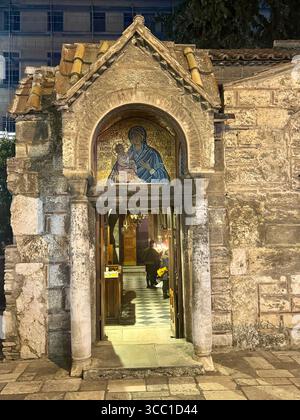 Historic stone church doorway illuminated at night in Acebo Spain ...