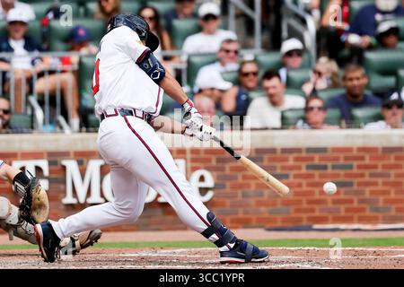 Atlanta Braves' Drake Baldwin hits a single in the eighth inning of a ...