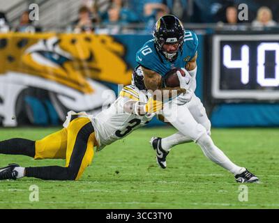 Pittsburgh Steelers cornerback Kyler McMichael, left, tackles Carolina ...