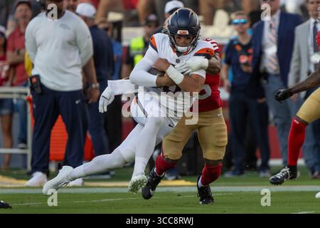 Denver Broncos quarterback Jarrett Stidham looks on against the Las ...