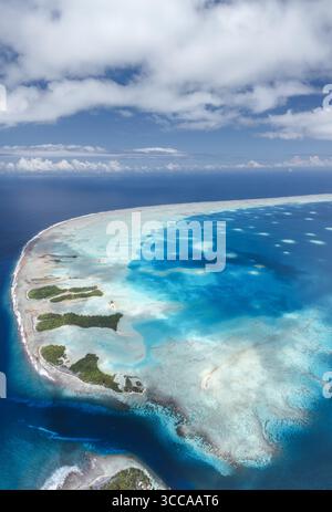 Aerial of the blue lagoon, Fakarava, Tuamotu archipelago, French ...
