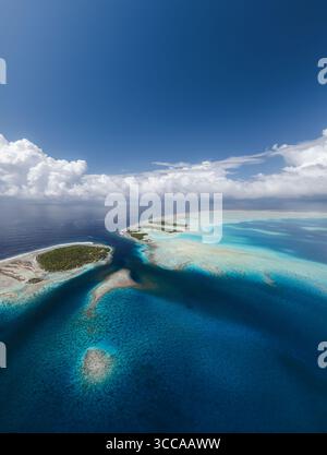Aerial of the blue lagoon, Fakarava, Tuamotu archipelago, French ...