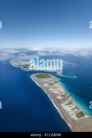 Aerial of the green lagoon, Fakarava, Tuamotu archipelago, French ...