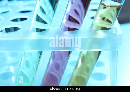 Test tubes with different samples, closeup. Laboratory glassware Stock ...