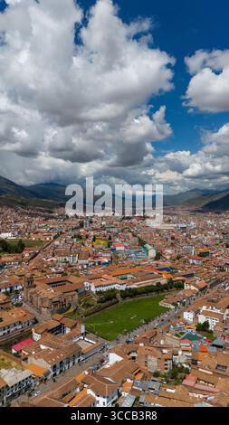 Drone view of Cusco, Peru, historic city center, Andes mountains ...