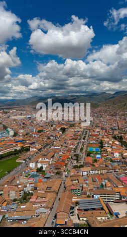 Drone view of Cusco, Peru, historic city center, Andes mountains ...