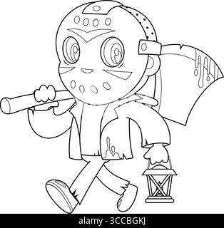Outlined Cute Jason Murderer Cartoon Character Showing Halloween Jack O ...
