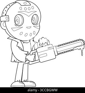 Cute Jason Murderer Cartoon Character Running With Bloody Knife. Vector ...