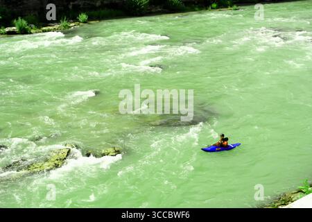 View of the Brenta River in Valstagna from rafting boats. August 3 ...
