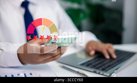 Businessman with smartphone rating 5 stars. Positive customer feedback ...