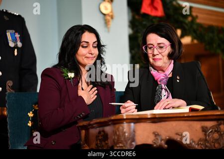 B.C. Attorney General Niki Sharma speaks to media prior to the First ...