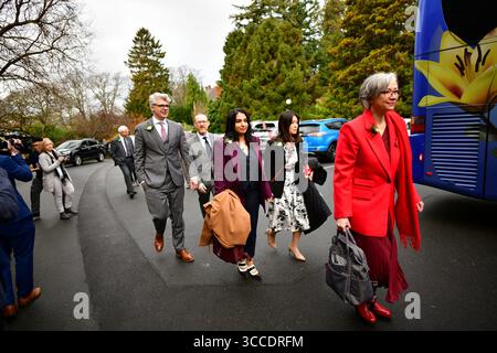 Premier David Eby arrives to a press conference following the throne ...