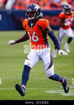 Denver Broncos wide receiver Tyrie Cleveland (16) warms up before an ...