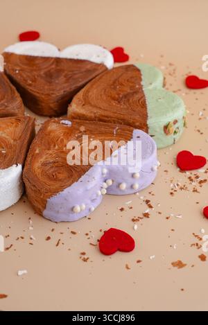 Flat lay. Variety of chocolate dipped strawberries in a heart-shaped ...