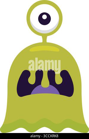 Cute yellow one eyed monster with blue horns smiles, showing teeth ...