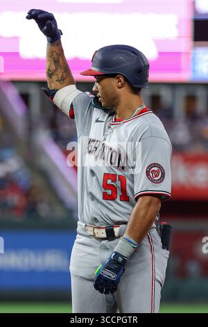 Washington Nationals right fielder Daylen Lile (51) hits a single in ...