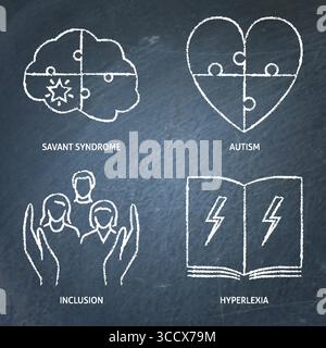 Neurodiversity symbols chalkboard icon set. Aphasia, Tourette syndrome ...