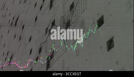Colored line charts and alphanumeric data streaming through server rack ...