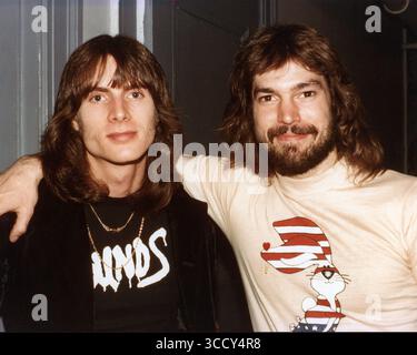 Guitarists Steve Fossen and Roger Fisher of Heart, backstage at the ...