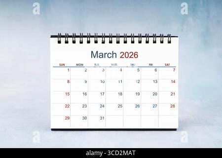 March 2026, Monthly desk calendar for 2026 year on yellow and blue ...