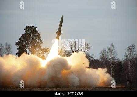 Fire, clouds of smoke and dust during rocket launching. Sequence of 6 ...