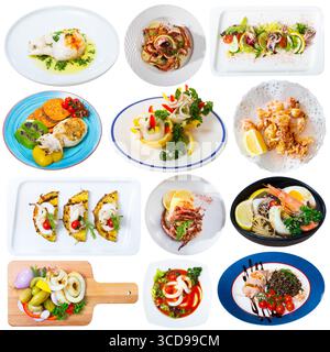 Various dishes of squid and cuttlefish with vegetables Stock Photo - Alamy