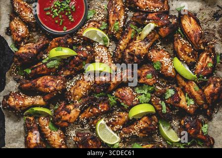 Baked delicious homemade chicken wings with fresh herbs, tomato dip and ...