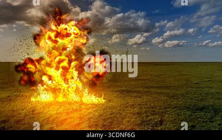 Explosion with fire and smoke outdoors. Radioactive hazard Stock Photo ...