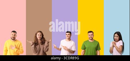 Set of apologizing and embarrassed people on color background Stock ...
