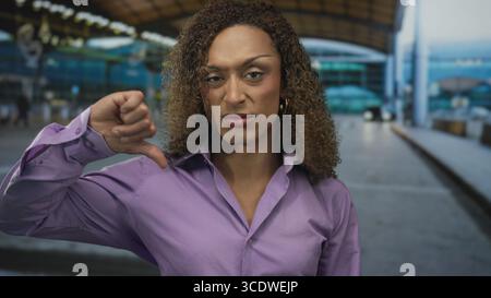 Curly haired transgender woman in purple shirt giving thumbs down ...