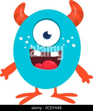 Cartoon funny monster with scary face expression waving hands . Vector ...