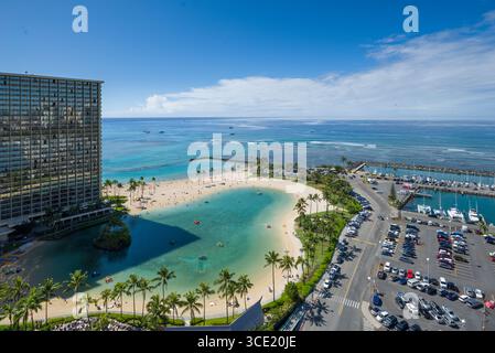 Aerial view of Duke Kahanamoku Lagoon and Waikiki Beach near Hilton ...