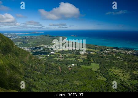 Bellows Beach and Na Mokulua Islands seen from the waters of Waimanalo ...