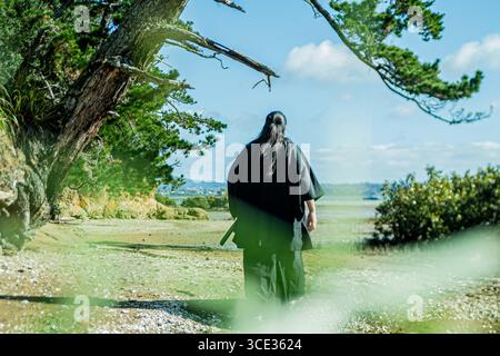 A samurai in blue kimono is walking through lush field at sunset time ...