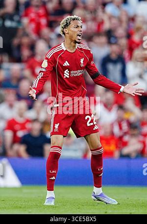 Liverpool's Hugo Ekitike reacts during the Premier League match at the ...