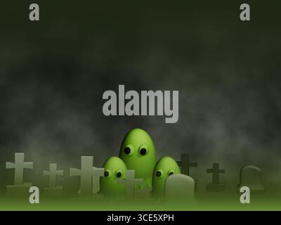 Family of green ghosts in lonely graveyard with dark clouds background ...